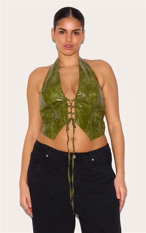 Plus Washed Olive Pu Lace Up Plunge Halterneck Top Plus Size
