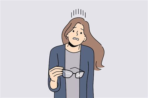 Mujer Con Gafas Rotas En Las Manos Hace Una Cara Confusa Sin Saber Cómo