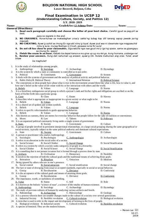 Exam Finals High School Docsity