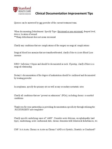 Cdi Documentation Tips Surgery Pdf Chronic Condition Human Diseases And Disorders