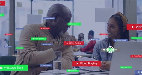Animation Of Notification Bars Over Diverse Coworkers Discussing