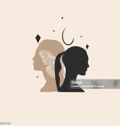 로고 요소와 손으로 그린 벡터 추상 스톡 플랫 그래픽 일러스트 나비의 보헤미안 마술 아트 초승달과 여성 실루엣 브랜딩을위한 간단한 스타일 색상 배경에 고립 여자에 대한 스톡