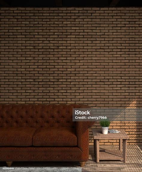 거실 인테리어 디자인 로프트 스타일 3d 렌더링 벽 벽돌 가죽 소파와 나무 테이블 꽃병 0명에 대한 스톡 사진 및 기타 이미지