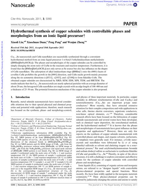 Pdf Hydrothermal Synthesis Of Copper Selenides With Controllable Phases And Morphologies From