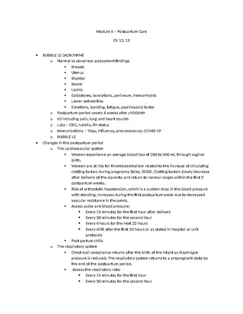 Ob Exam 3 Exam 3 Module 5 Postpartum Care Ch 12 13 Bubble Le
