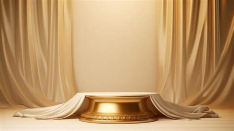 3d 연단 베이지 배경 실크 천 럭셔리 디스플레이 장면 베이지 골드 연단 모형 플랫폼 패브릭 프리미엄 사진