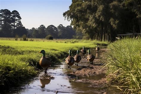 Premium Photo Ducks Walking Along The Edge Of A Pond