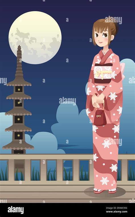 A Vector Illustration Of A Japanese Girl Wearing A Traditional Kimono