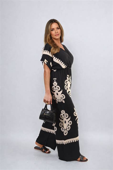 Romina Printed Cross Front Wide Leg Jumpsuit In Black Ikrush