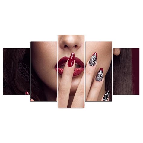 Sexy Woman Lip Nails Poster Beauty Abstract 5 Panel Canvas Art Wall