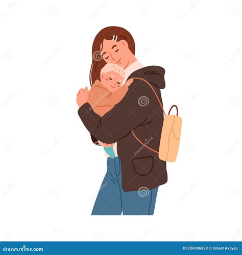 Mother Hugging Preteen Son Monochromatic Flat Vector Characters