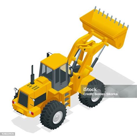 아이소메트릭 벡터 일러스트 레이 션 노란색 불도저 트랙터 건설 기계 흰색 절연 불도저 노란 휠 로더 산업 차량입니다 공 압