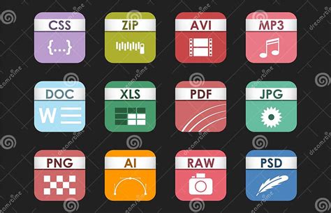 Simple Square File Types Formats Labels Icon Set Presentation Document Symbol And Audio