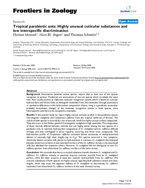 Pdf Tropical Parabiotic Ants Highly Unusual Cuticular Substances And