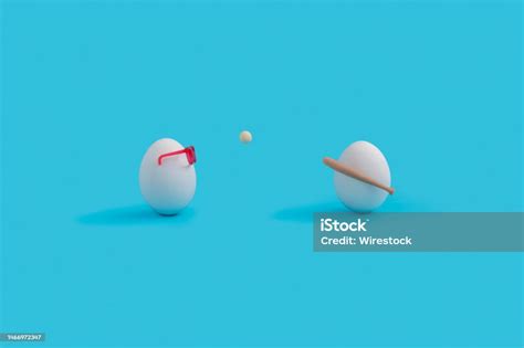 두 개의 부활절 달걀 하나는 나무 방망이가 있고 다른 하나는 야구를 하는 안경을 쓴 그림 3차원 형태에 대한 스톡 사진 및 기타