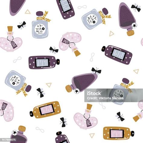 물약 병이있는 완벽한 패턴 재미있는 할로윈 인쇄 벡터 손으로 그린 그림입니다 0명에 대한 스톡 벡터 아트 및 기타 이미지 0명 검은색 귀여운 Istock
