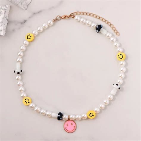 Chaine De Cou Vendue Seule XC51S Boho Perle Croix Smiley Collier De