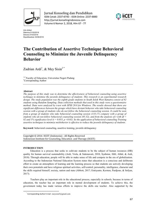 Pdf The Contribution Of Assertive Technique Behavioral Counseling To Minimize The Juvenile