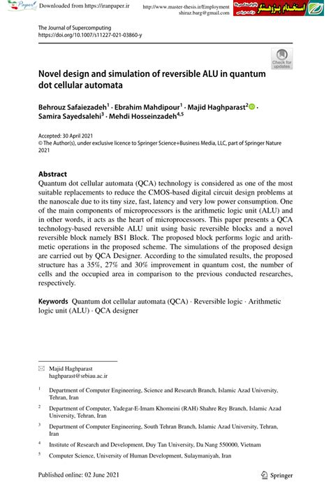 Pdf Novel Design And Simulation Of Reversible Alu In Quantum Dot Cellular Automata