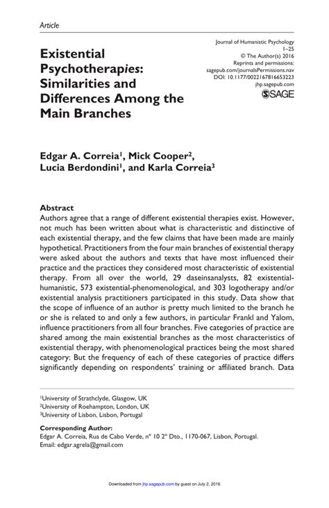 Pdf Existential Psychotherapies Similarities And Differences Among The Main Branches