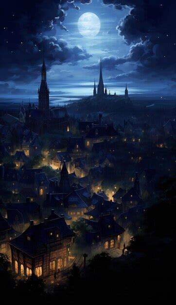 Premium Photo Fantasy Landscape With Old Town At Night Digital