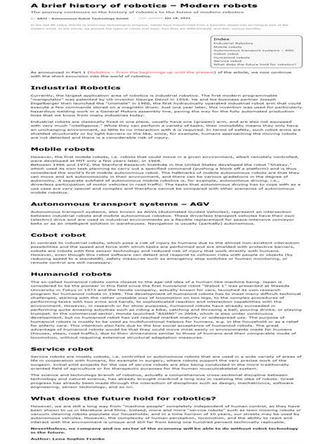 A Brief History Of Robotics Modern Robots Pdf Robot Robotics