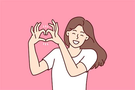 여자는 남자 친구 또는 사랑하는 남편과 유혹하는 손가락으로 만든 마음의 몸짓을 보여줍니다 감탄에 대한 스톡 벡터 아트 및 기타