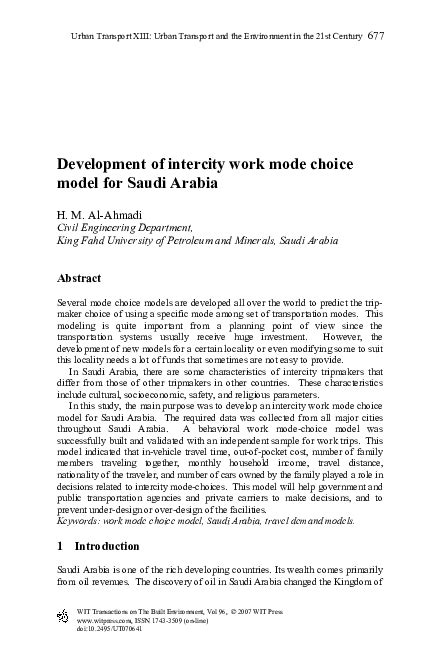 Pdf Development Of Intercity Work Mode Choice Model For Saudi Arabia