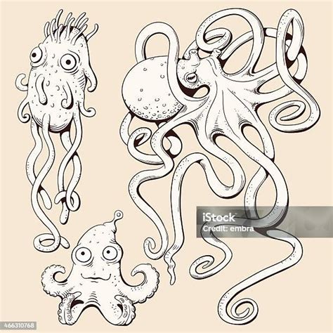 심홍색 바다빛 Monsters 벡터 일러스트레이션 문어에 대한 스톡 벡터 아트 및 기타 이미지 문어 몬스터 창의력