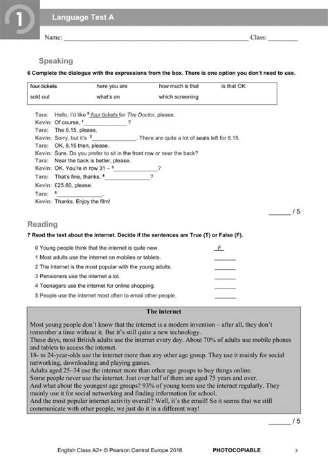 English Class A2 Unit Test 1 4479608 Millana132 Live