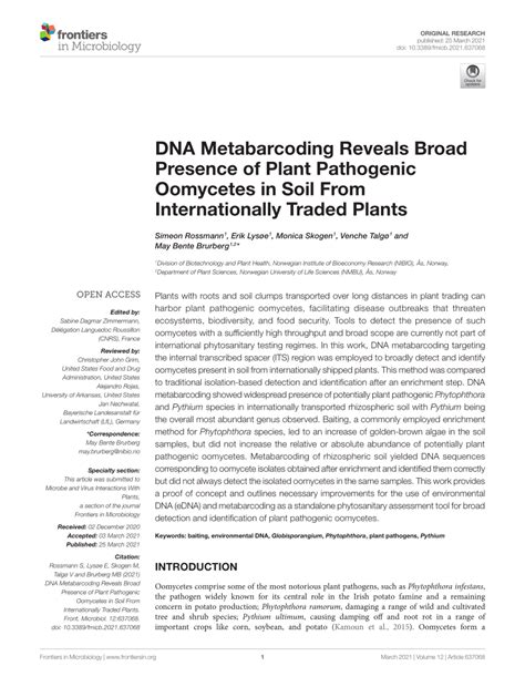 Pdf Dna Metabarcoding Reveals Broad Presence Of Plant Pathogenic