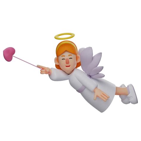 Ilustração 3D Anjo de desenho animado varinha mágica de coração