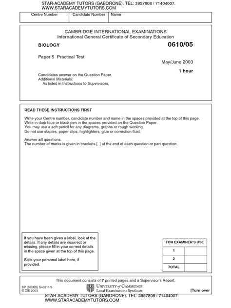Bio Paper 5 2003 May Igcse Pdf