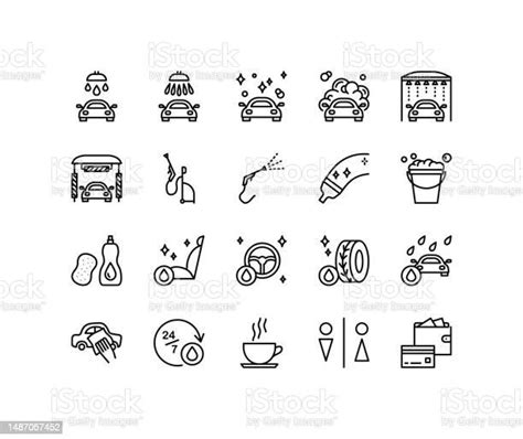 세차 플랫 라인 아이콘이 설정되었습니다 자동 세탁 인테리어 청소 앞 유리 세척 제품 등과 같은 아이콘이 포함되어 있습니다 웹 사이트 또는 모바일 앱을 위한 간단한 플랫 벡터