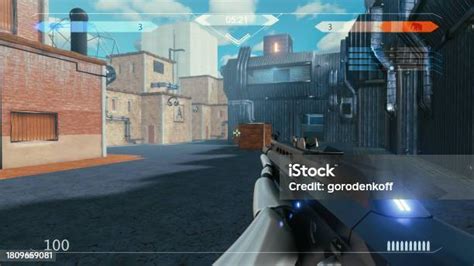 공상 과학 1인칭 슈팅 게임의 모형 3d 게임 연습 우주선에 총을 쏜 Fps 비행 로봇과의 전쟁 고급 그래픽과 메커니즘으로 즐거운 게임 경험 0명에 대한 스톡 사진 및 기타