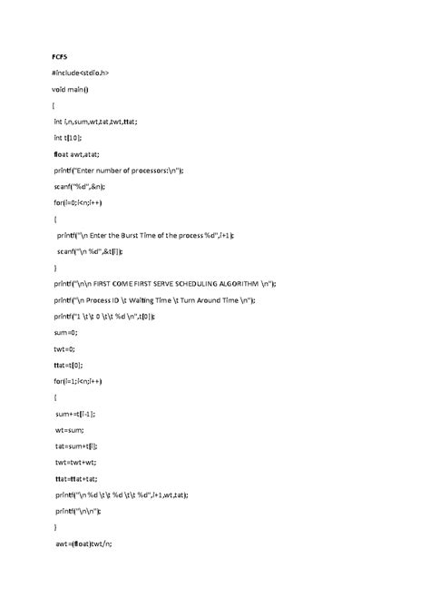 Codes Notes FCFS Include Void Main Int I N Sum Wt Tat Twt Ttat