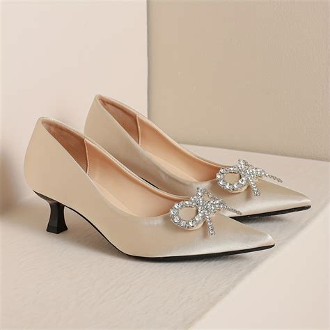 Rhinestone Bow Kitten Heels Women S Solid Color Pointed Toe Temu
