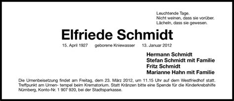 Traueranzeigen Von Elfriede Schmidt Trauernnde