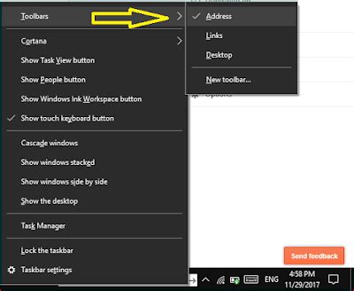 Right Click On Task Bar Click On Address In Toolbar