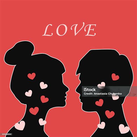 남자와 여자는 빨간 배경에 얼굴을 맞대고 하트를 가진 실루엣입니다 발렌타인 데이에 대한 사랑과 커플 컨셉 검은색에 대한 스톡 벡터 아트 및 기타 이미지 Istock