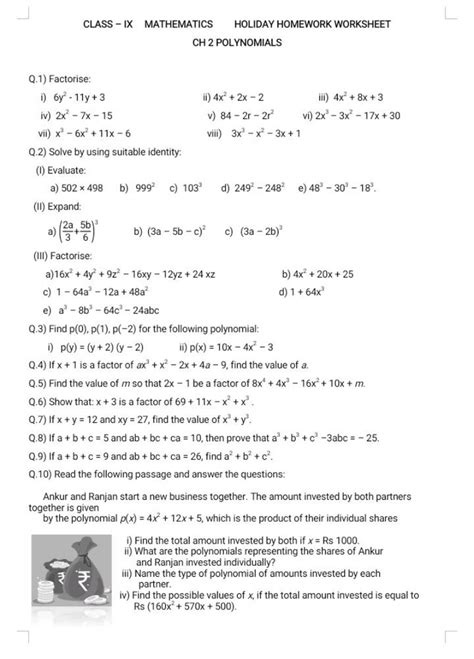 Class Ix Mathematics Holiday Homework Worksheet Ch 2 Polynomials Q 1 F