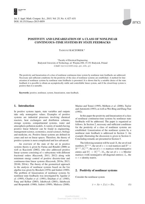 Pdf Positivity And Linearization Of A Class Of Nonlinear Continuous Time Systems By State