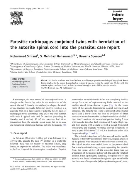 Pdf Parasitic Rachiopagus Conjoined Twins With Herniation Of The Autosite Spinal Cord Into The