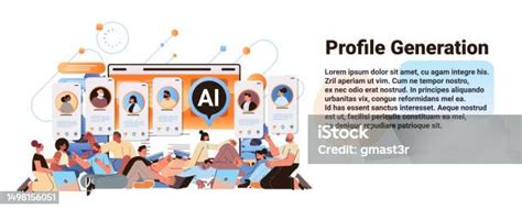 Ai 도우미 봇 프로필 생성 디지털 통신 개념으로 소셜 미디어에서 채팅하는 혼합 인종 Z세대에 대한 스톡 벡터 아트 및 기타