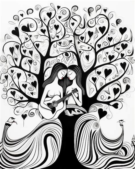 Drawing Shows A Couple Sitting Under A Tree Premium AI Generated Image