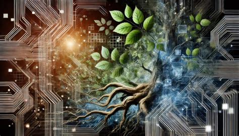 Tree Roots And Leaves Growing From Circuit Board Blending Nature And Technology Stock