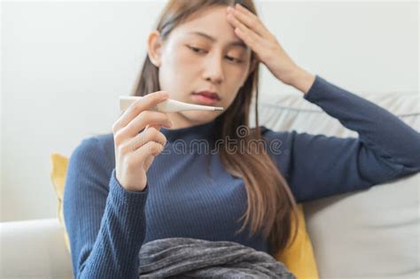 Sick Influenza Asian Young Woman Girl Hand In Check Headache Have A