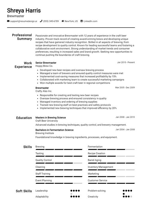 10 Brewmaster Resume Examples And Templates For 2025 Resumedesign Ai