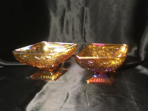 Pair Of Amber Carnival Glass Candy Dishes C 1920s Etsy