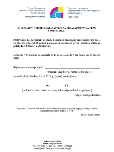 Saglasnost Roditelja Za Školski Izlet Pdf